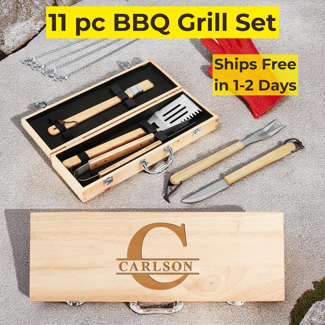 Personalized Engraved BBQ Grill Set, Premium 11 Piece Grilling Set With ...