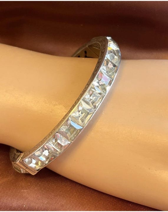 Art Deco Sterling Channel-Set Crystal Bangle Bracelet… - Gem
