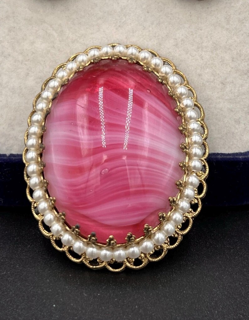 West Germany Porphyry Glass & Seed Pearl Brooch Earrings Set, Cranberry ...