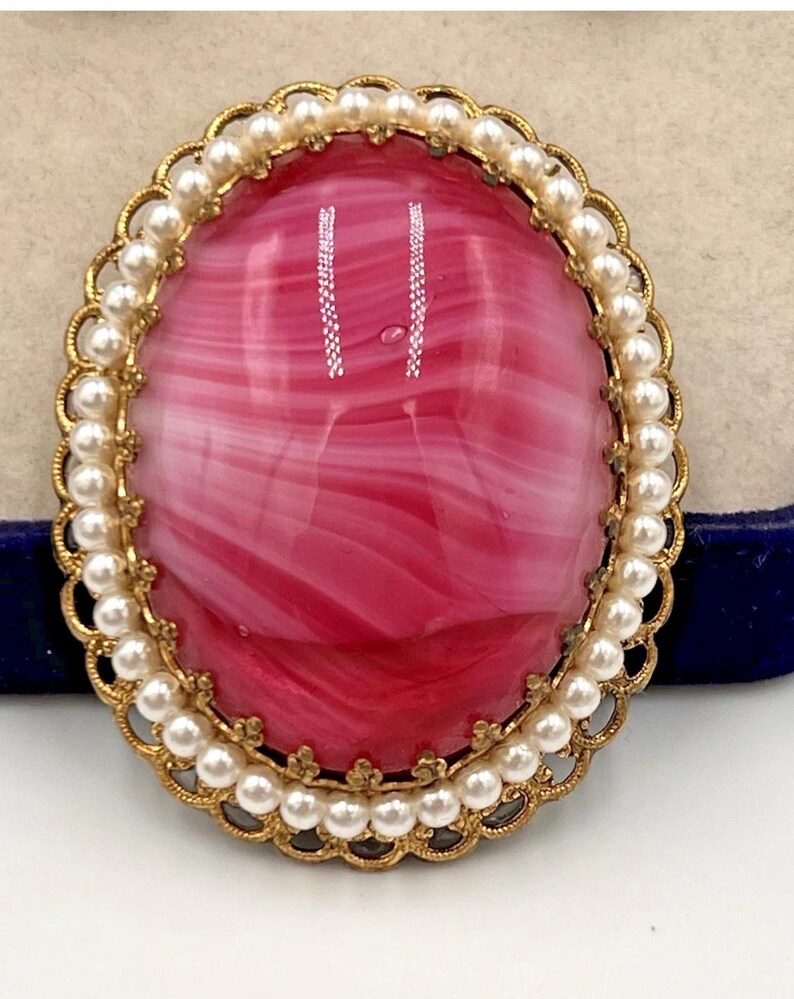 West Germany Porphyry Glass & Seed Pearl Brooch Earrings Set, Cranberry ...