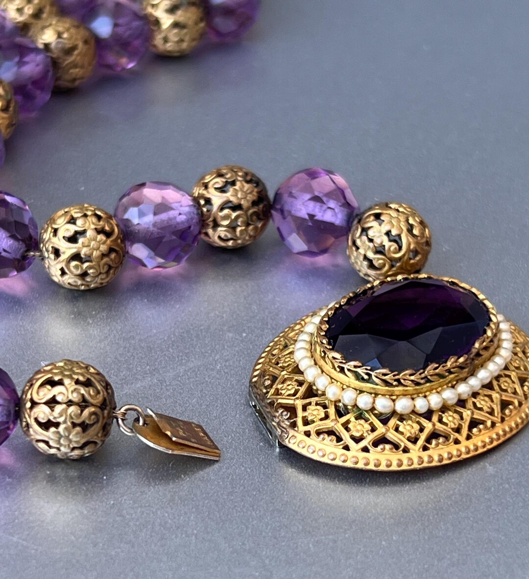 Art Deco Era Napier Amethyst Purple Glass & Gilt Brass Filigree Bead ...