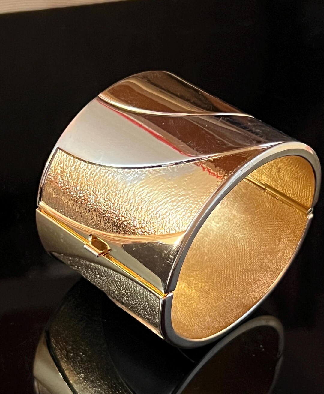 Vintage Lanvin Paris Runway Bangle Bracelet, Two-tone 2” Wide Chunky, Smooth Polished & Textured ...