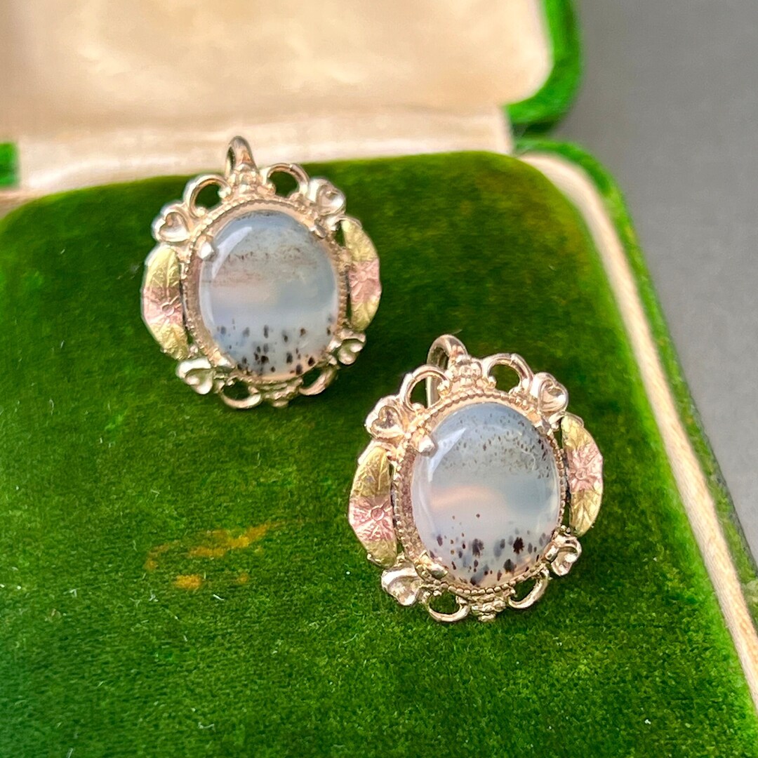 Vintage Two-tone 12K Gold Filled Dendritic Moss Agate Floral Earrings, Screw Back Black Hills ...