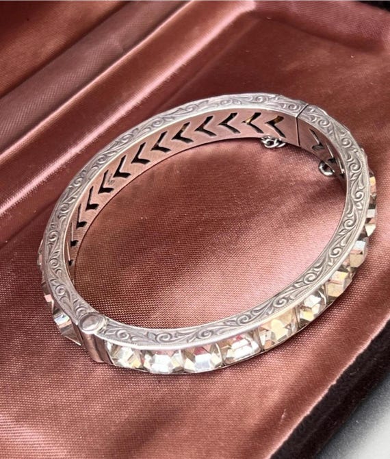Art Deco Sterling Channel-Set Crystal Bangle Bracelet… - Gem