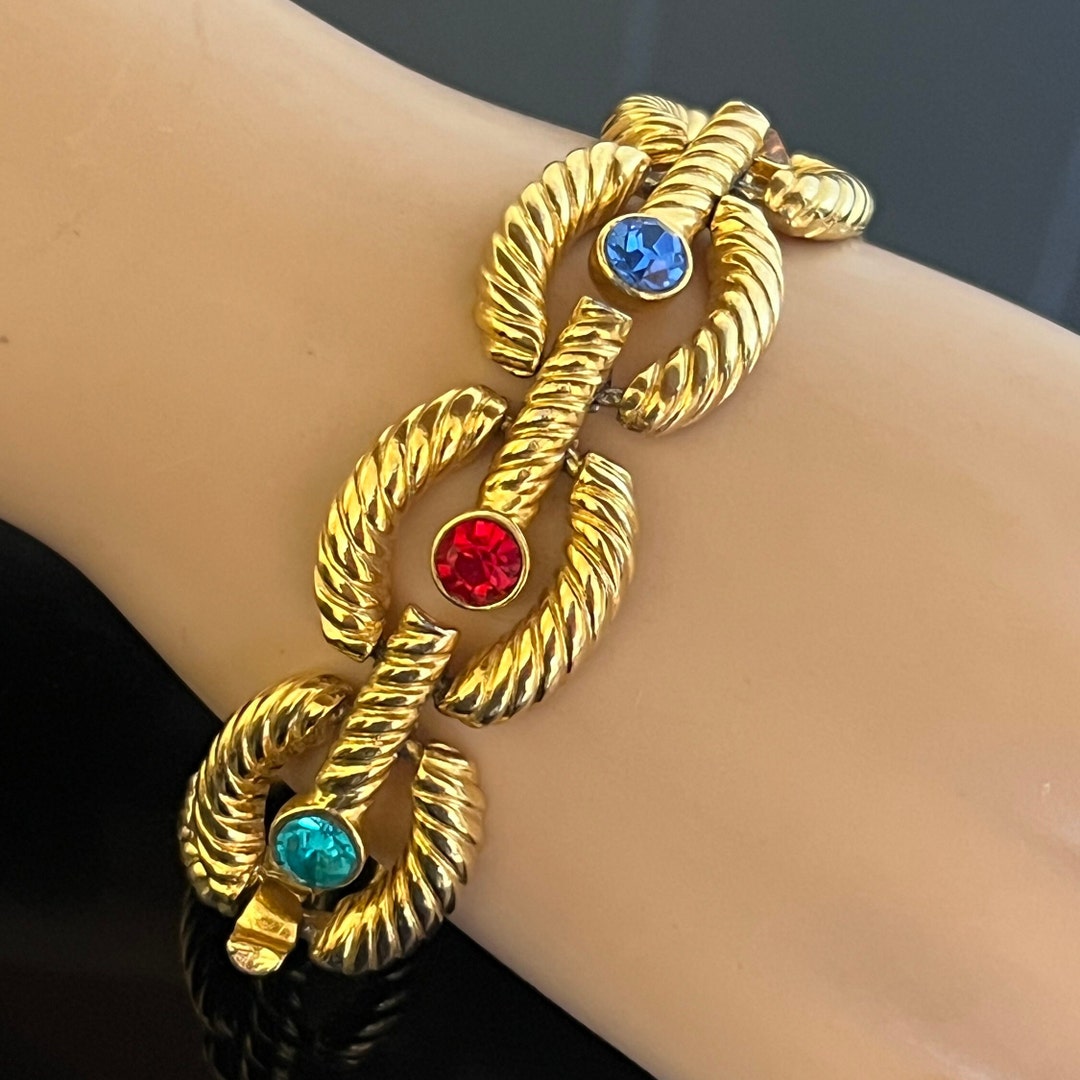 Vintage Chunky Gold Tone Round Cable Link Bracelet With Multi Color ...