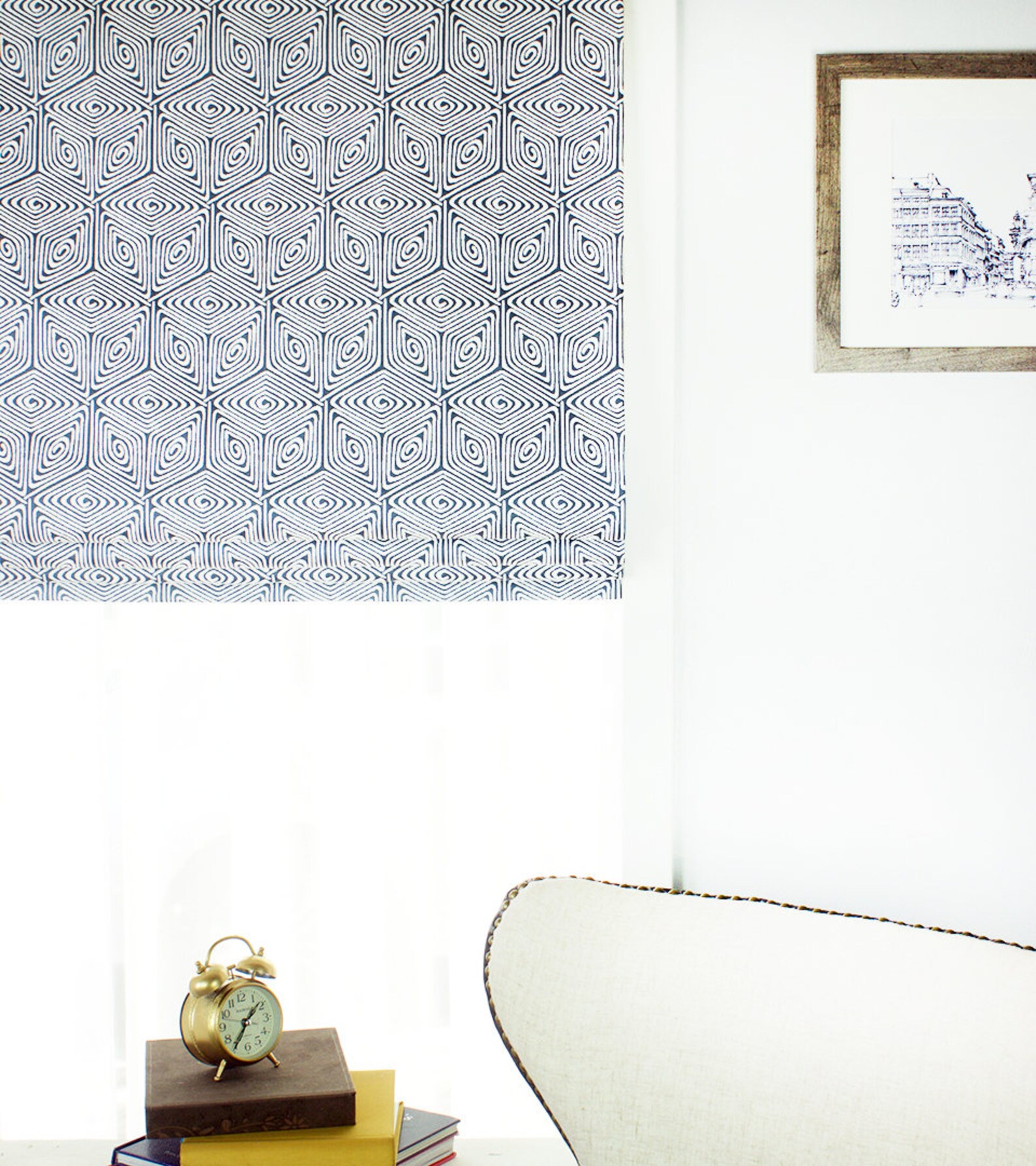 White Gray Geometric Patten Flat Roman Shades Modern Diamond Cubes ...