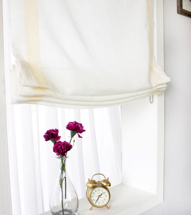 White Linen Flat Relaxed Roman Shades With Ivory Bordered Trim ...