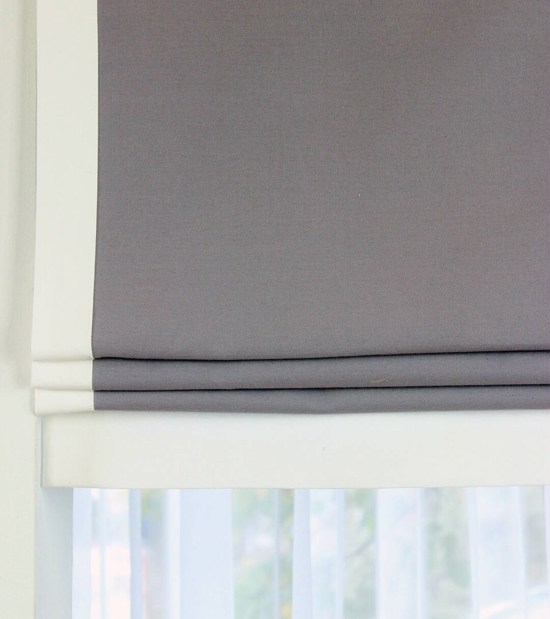Gray 100% Natural Linen Flat Roman Shades With Banded White Decorative ...