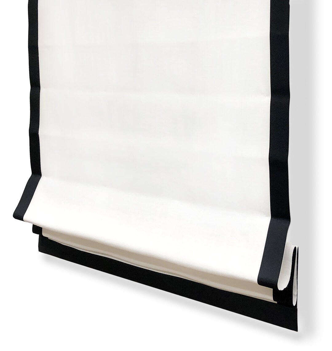 White Linen Flat Relaxed Roman Shades With Banded Edge Black Trim ...