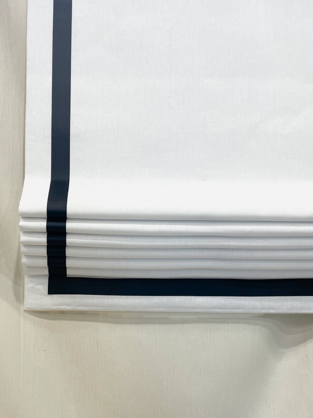 White Line Flat Roman Shades With Border Black Trim, Farmhouse ...