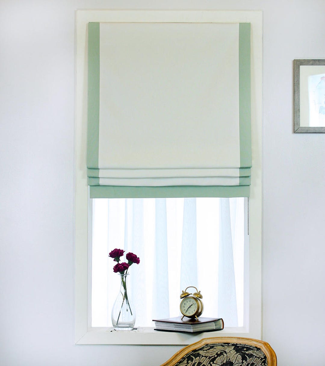 White Linen Roman Shades With Banded Mint Trim/cl1010 - Etsy
