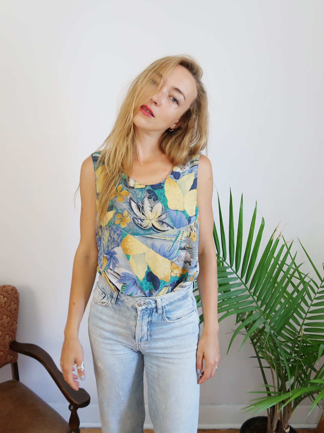 Blue and Yellow Floral Tank Top With Toucans - Etsy