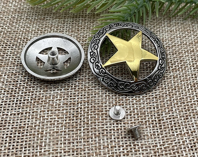 Pair Texas Star Chicago Screw Back Conchos Engraved Nickel Horse Tack ...