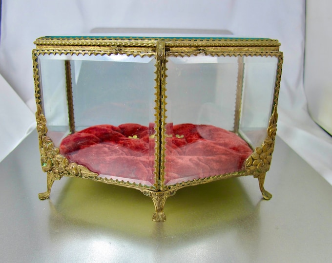 Antique French Jewelry Casket. Large French Beveled Glass Tufted Velvet ...