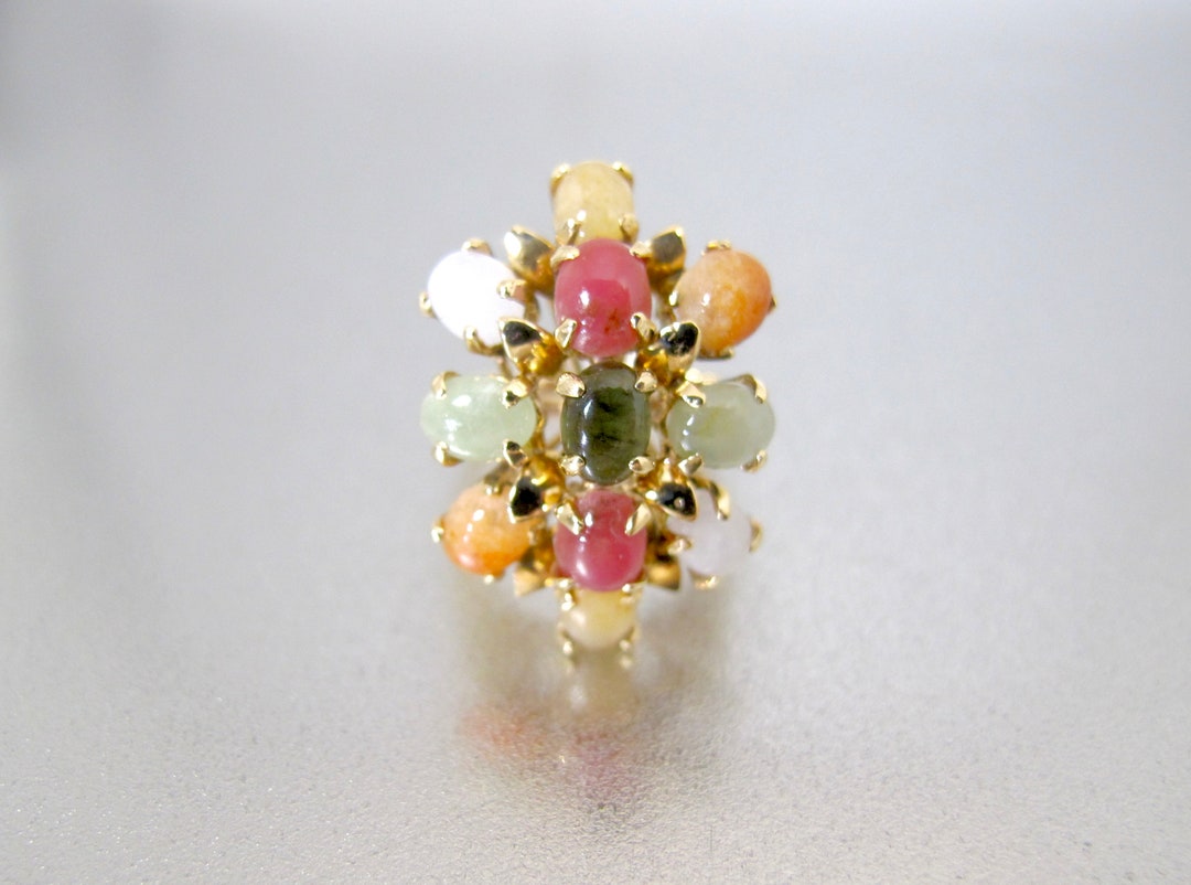 14K Yellow Gold Jade Ring. Gold Prong Set Multi Color Jade Bead ...
