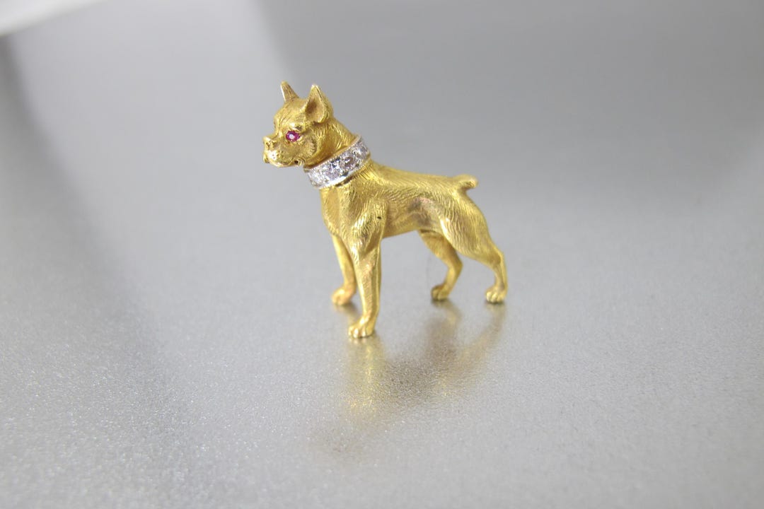 14K Gold Diamond Boxer Dog Brooch Palladium Diamond Collar Ruby Eyes - Etsy