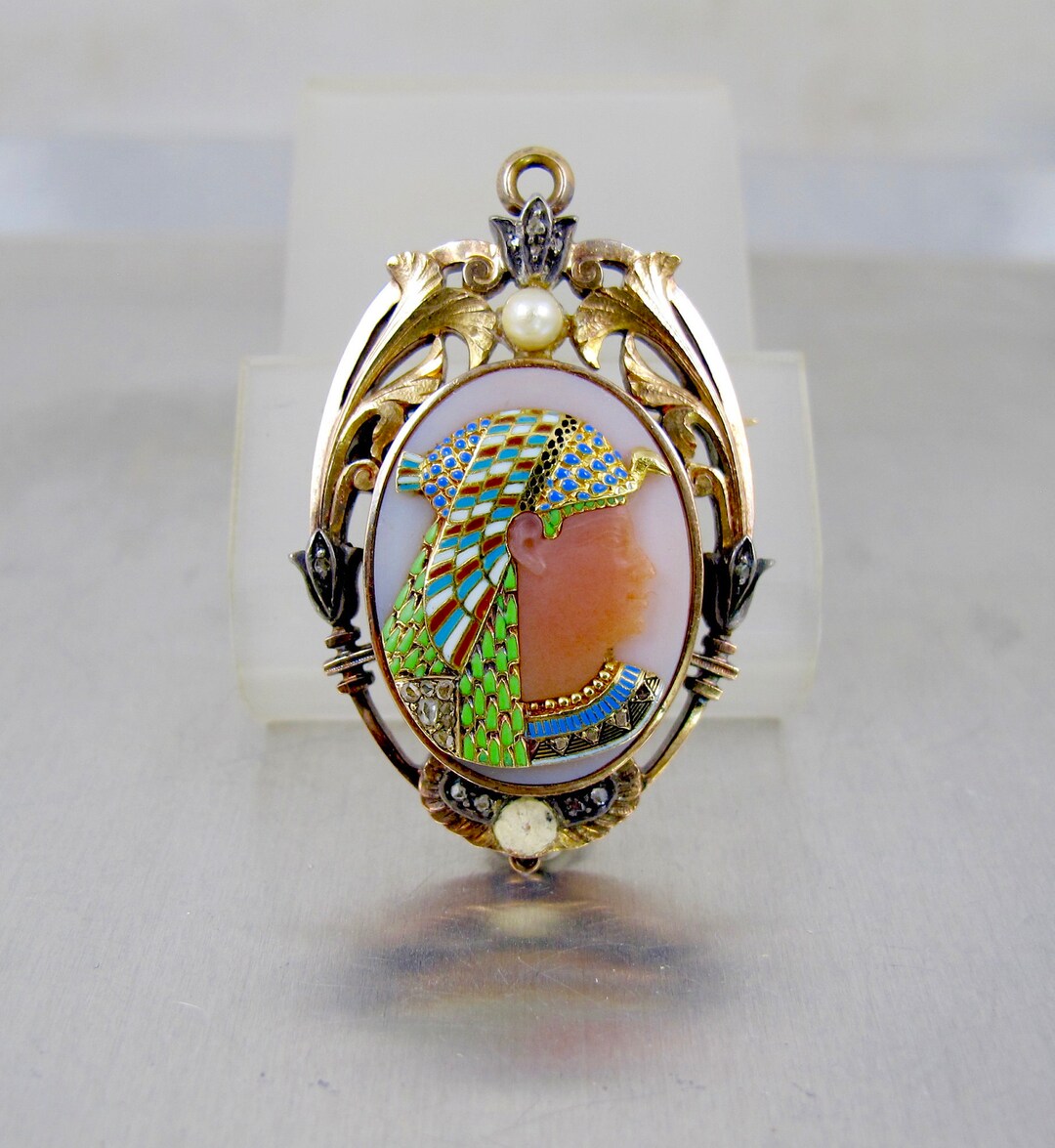 French 18K Enamel Rock Crystal Locket. Antique Egyptian Revival Rose ...