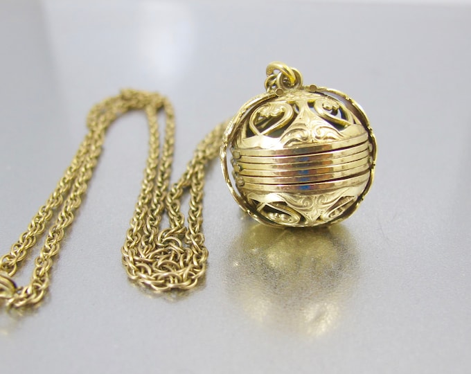 Gold Ball Locket Necklace. Antique Lestage Ornate Fold Out Multi Photo ...