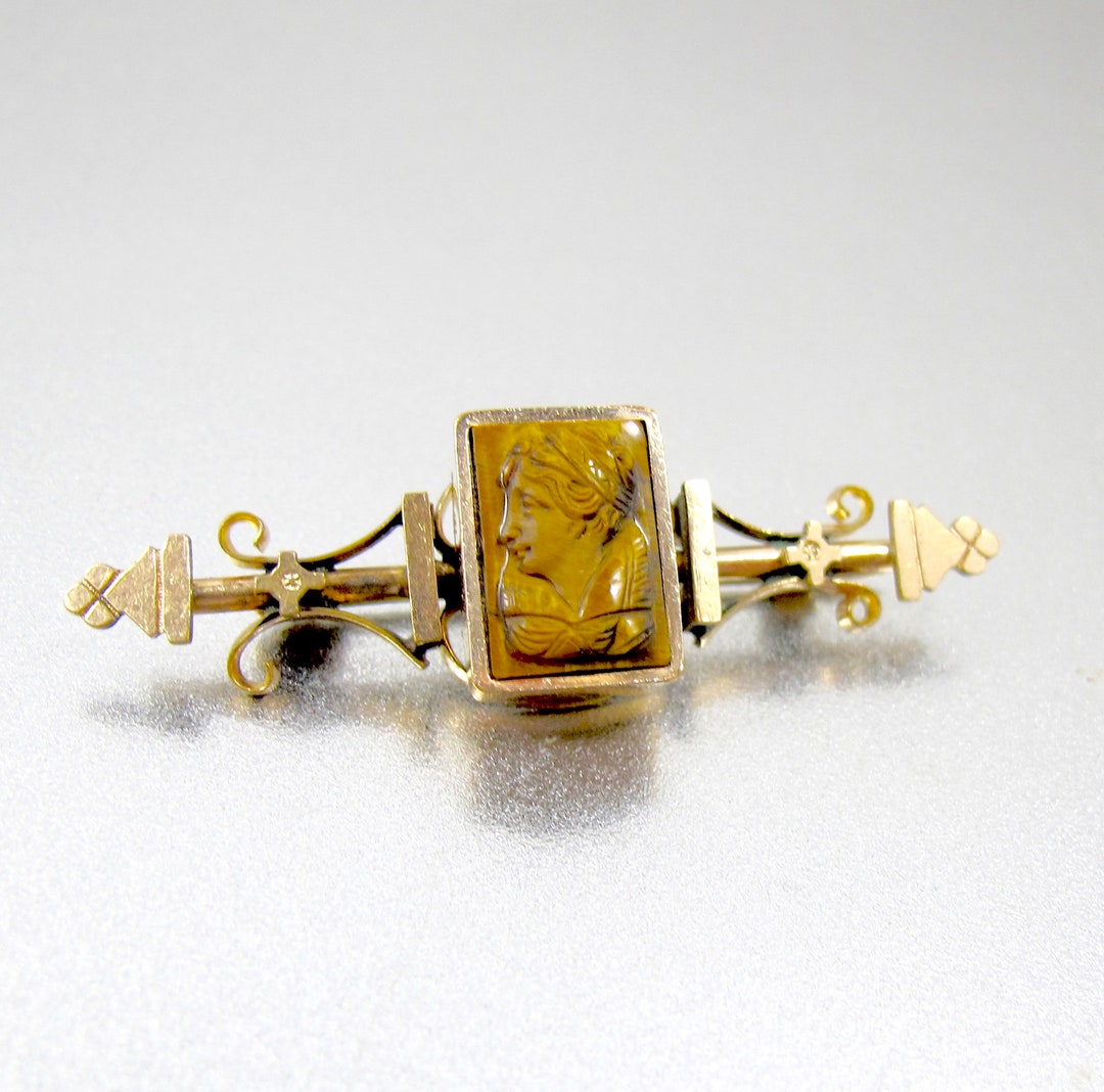 Victorian Tiger Eye Cameo Brooch: 14K Rose Gold Filled Bar Pin - Etsy
