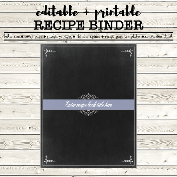 Chalkboard Recipe Binder Printable Kit Editable DIY Recipe | Etsy