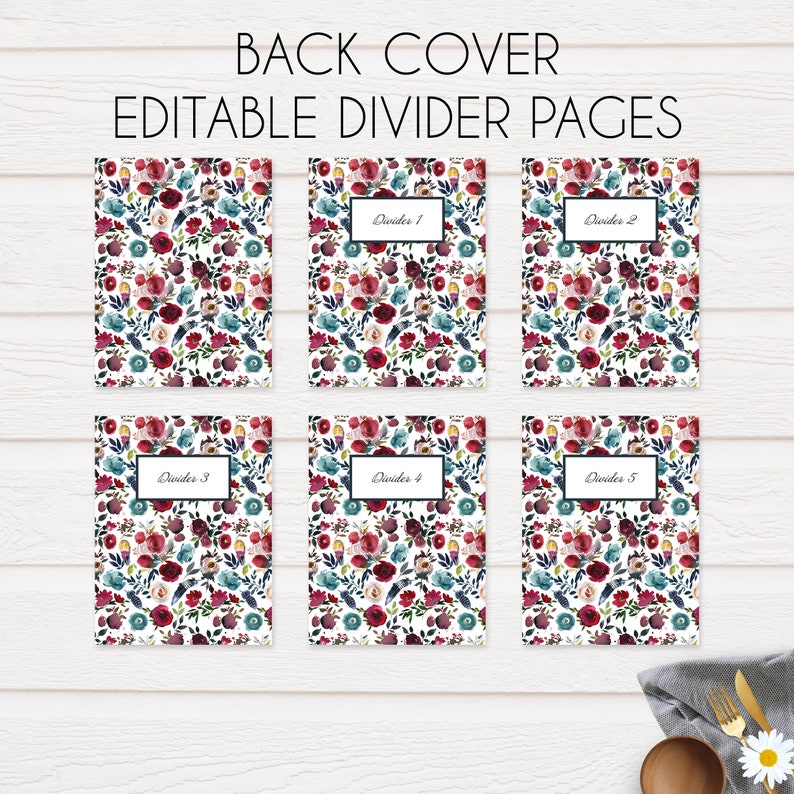Boho Navy Floral Binder Kit, Printable Binder, Editable Spines ...