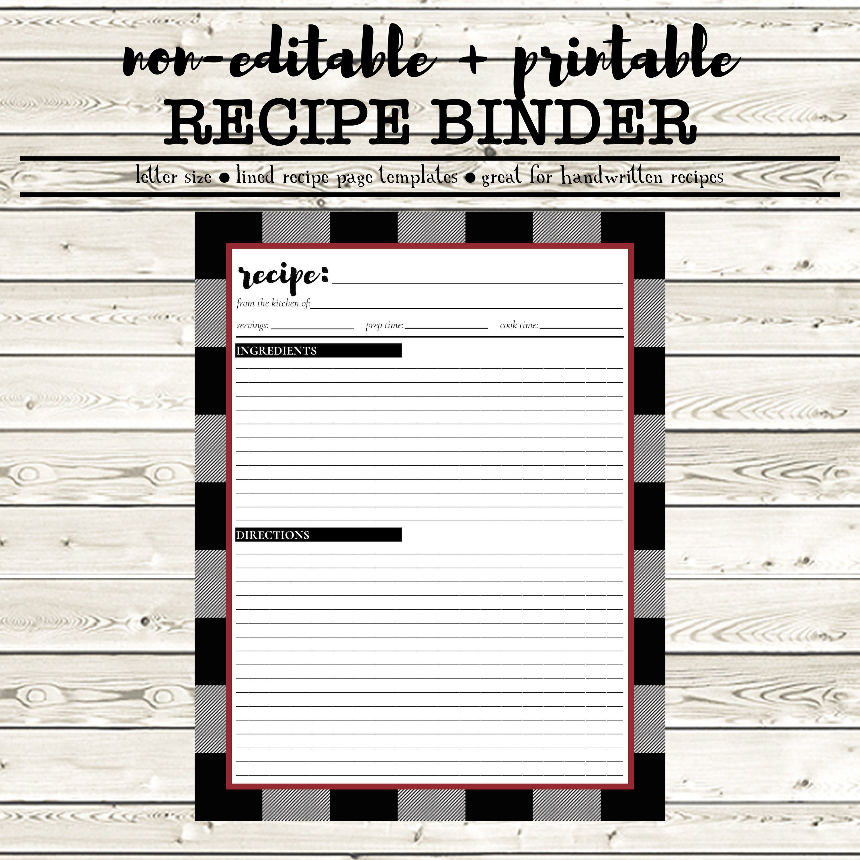 Non Editable Buffalo Check Recipe Template, Printable Recipe, Cookbook ...