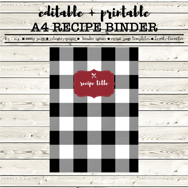 A4 Black & White Buffalo Check Recipe Binder Printable Kit, Editable ...