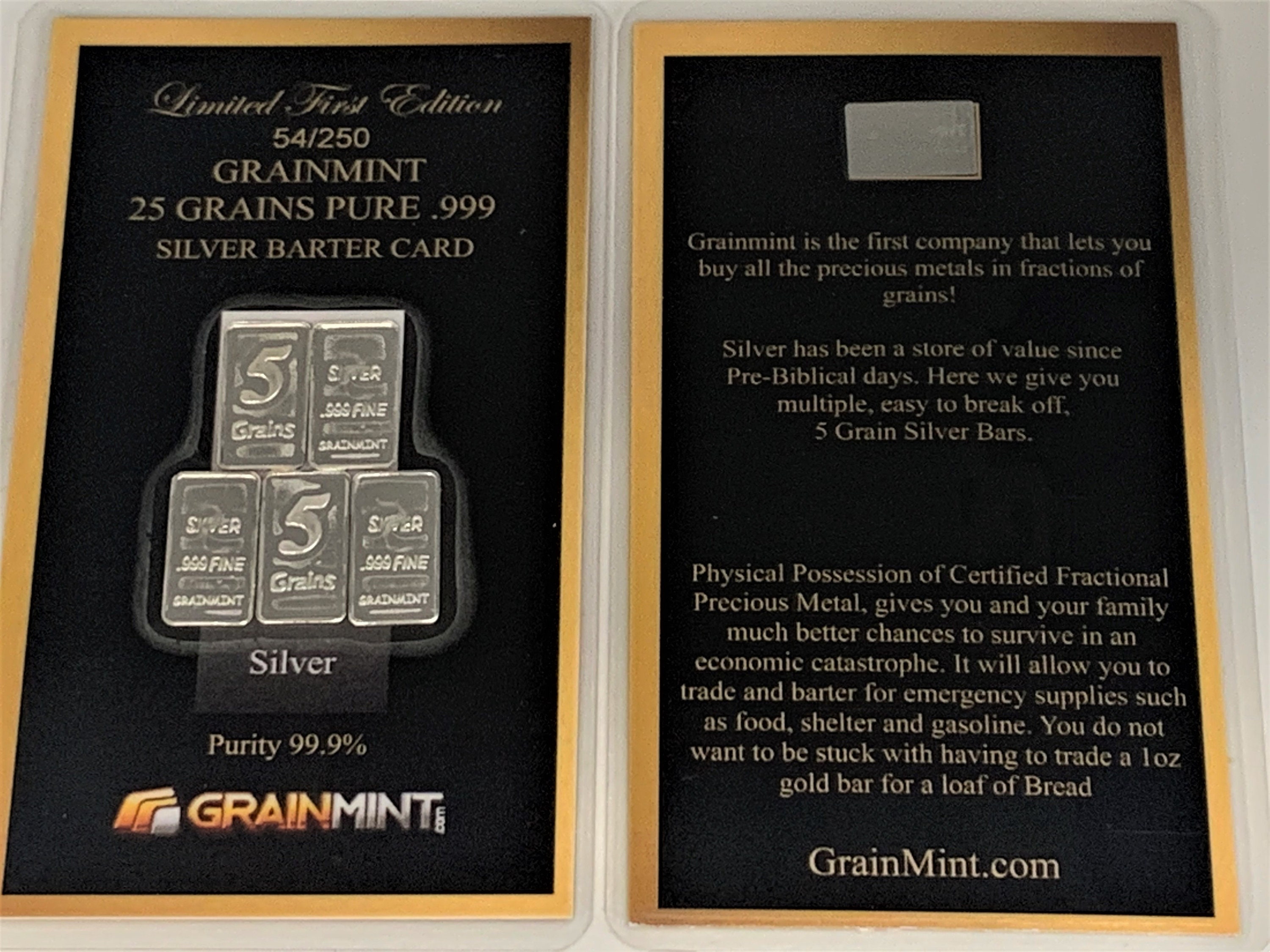 25 Grains 999 Silver Bullion Numbered Limited Edition Barter Card 5x 5 ...