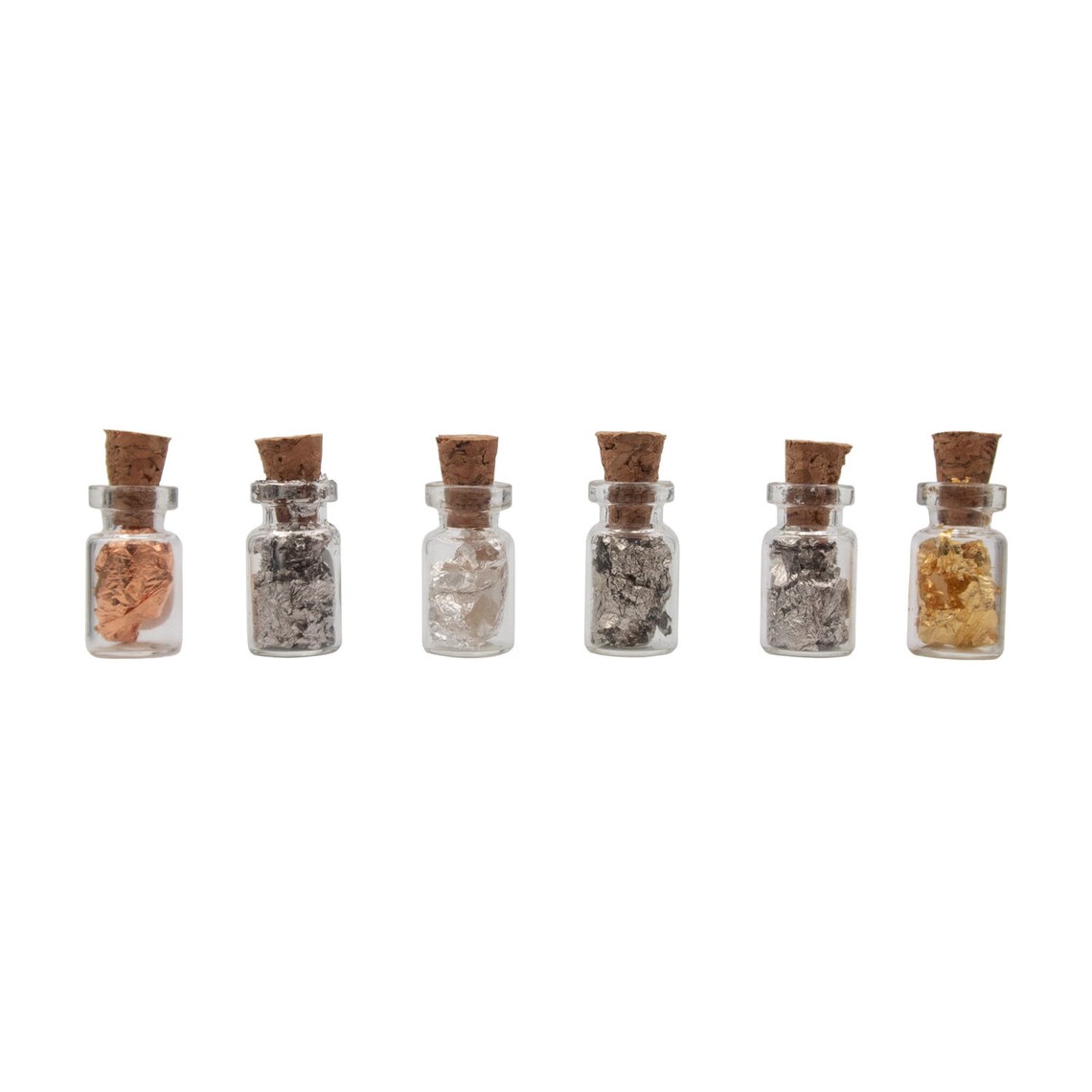 6 Miniature Cork Bottles Filled With 24K Gold,.999 Silver Copper ...