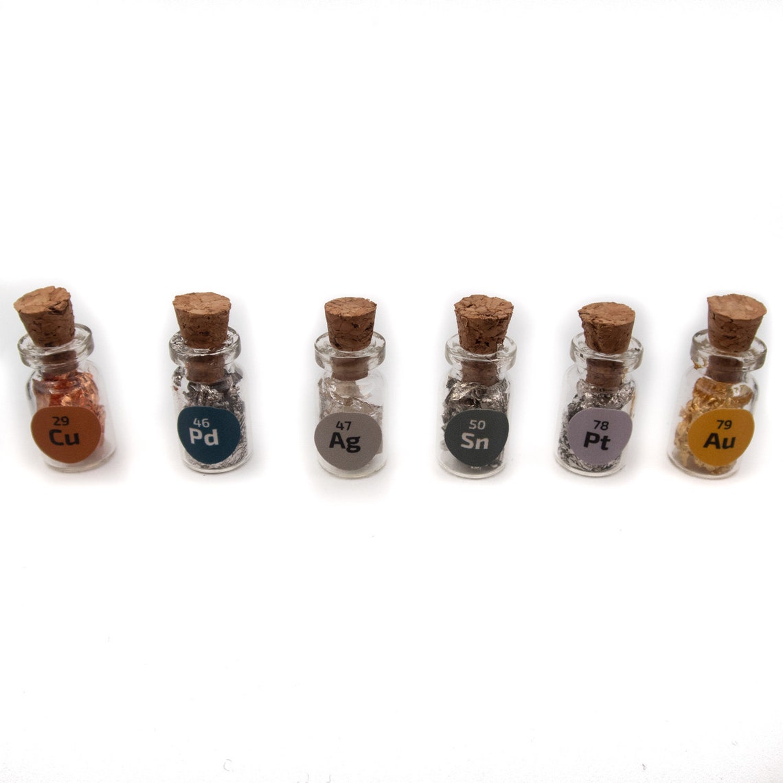6 Miniature Cork Bottles Filled With 24K Gold,.999 Silver Copper ...