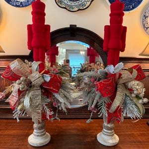 Christmas Centerpieces, Red Flocked Nutcracker Candlestick Arrangements ...
