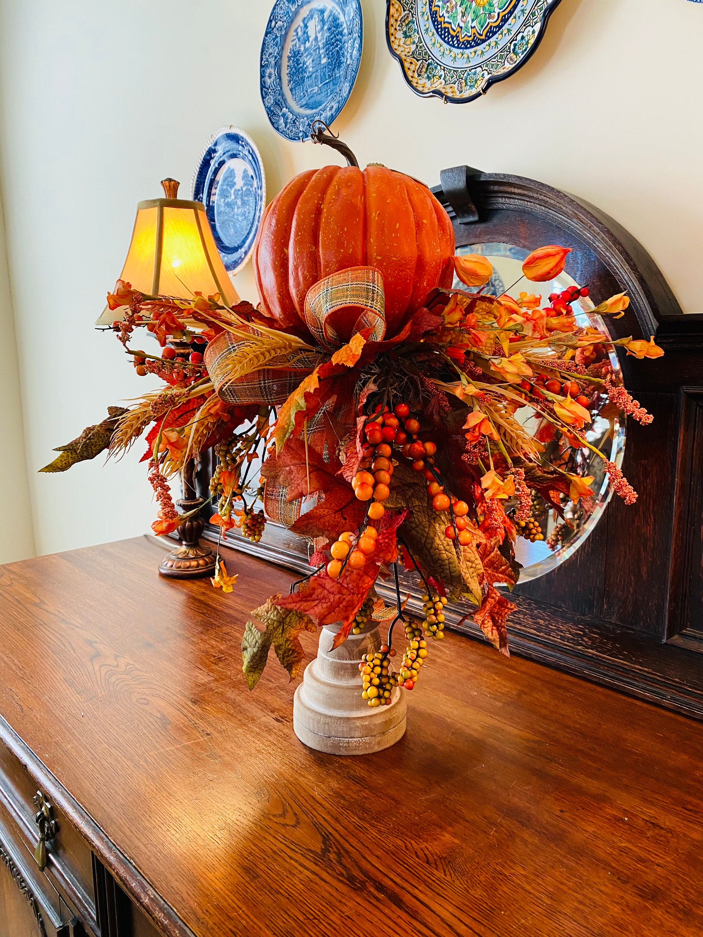 Fall Candlestick Centerpiece, Fall Pumpkin Centerpiece, Fall Tabletop ...