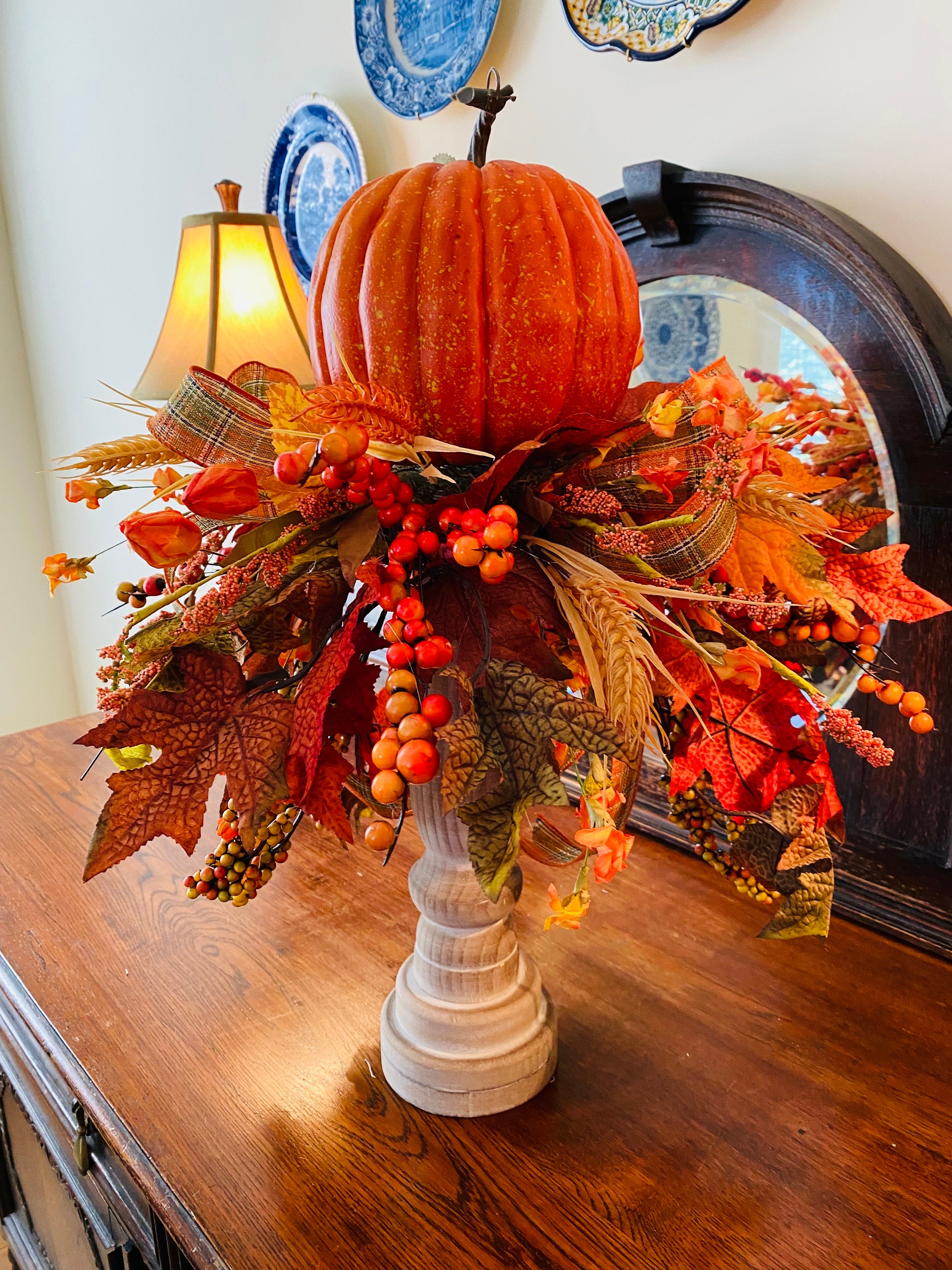 Fall Candlestick Centerpiece, Fall Pumpkin Centerpiece, Fall Tabletop ...