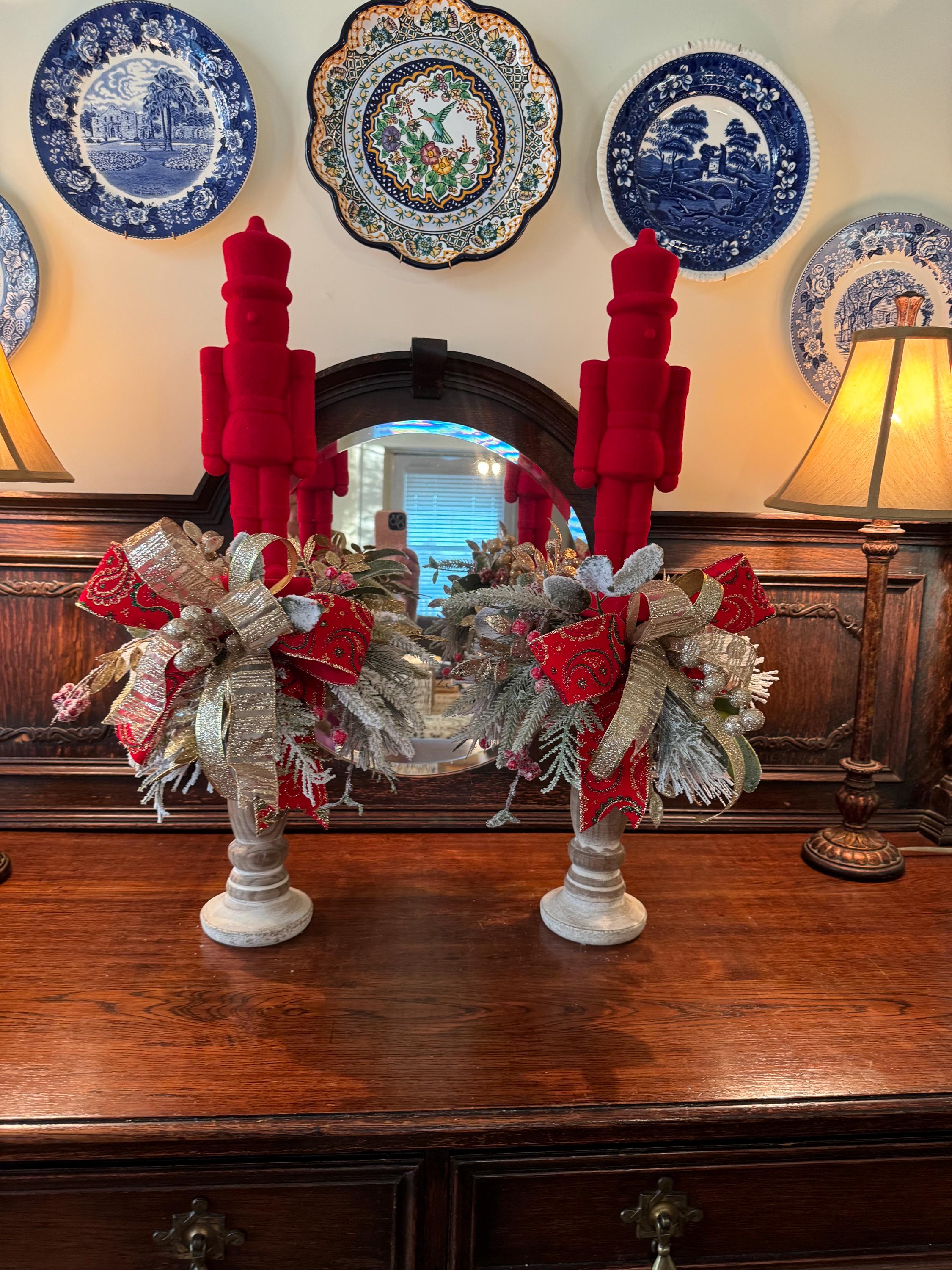 Christmas Centerpieces, Red Flocked Nutcracker Candlestick Arrangements ...