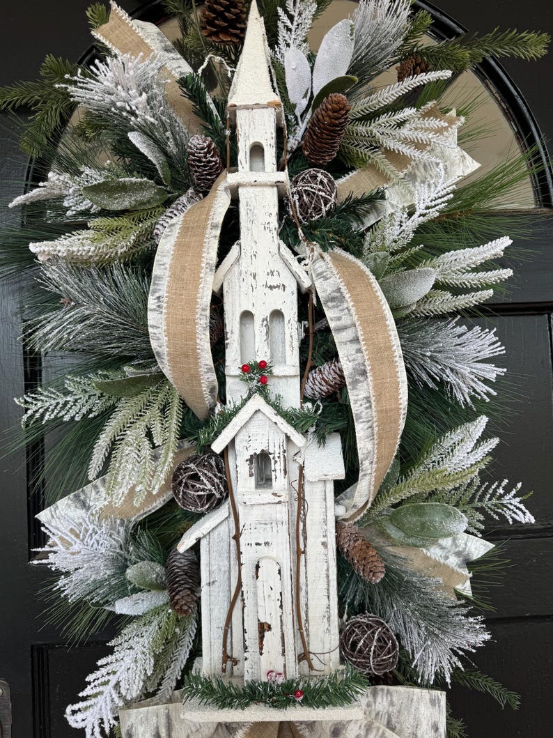 Winter Church Swag, Winter Lighted Church Wreath, Rustic Front Door ...