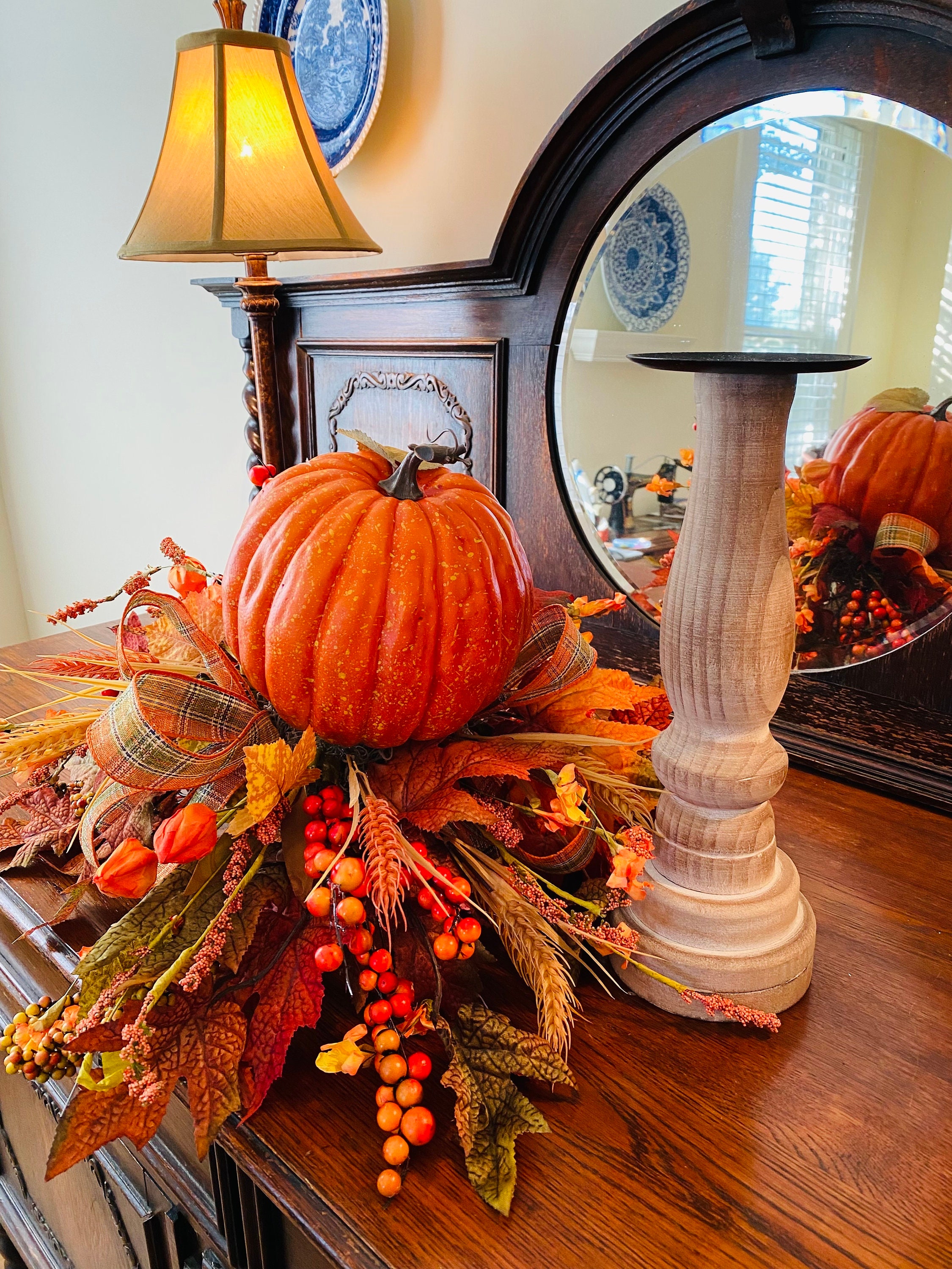 Fall Candlestick Centerpiece, Fall Pumpkin Centerpiece, Fall Tabletop ...