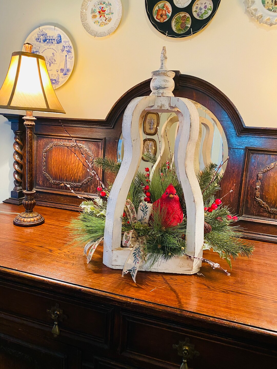 Cardinal Lantern Arrangement, Red Cardinal Centerpiece, Rustic Cardinal ...