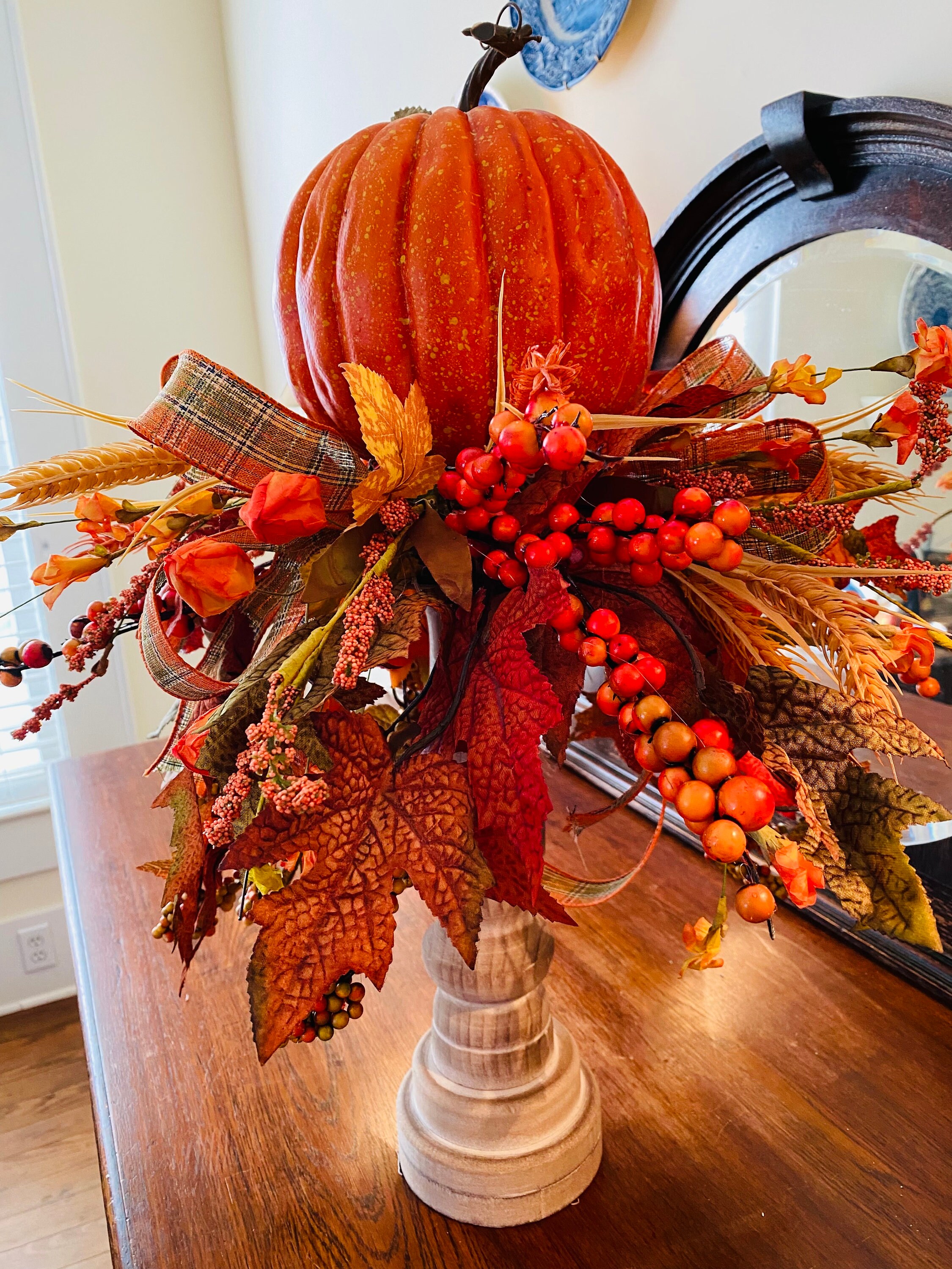 Fall Candlestick Centerpiece, Fall Pumpkin Centerpiece, Fall Tabletop ...