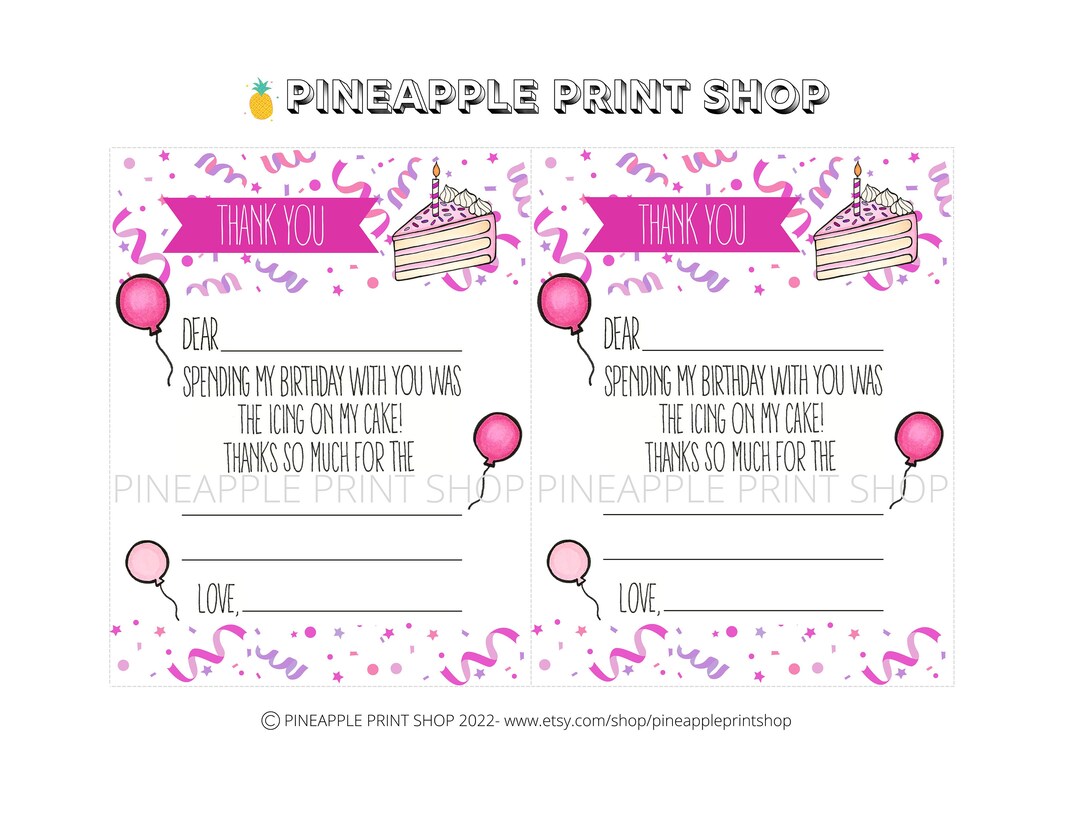 Printable Kid's Thank You Cards, Pink, Cake, Balloons, Party, Punny ...