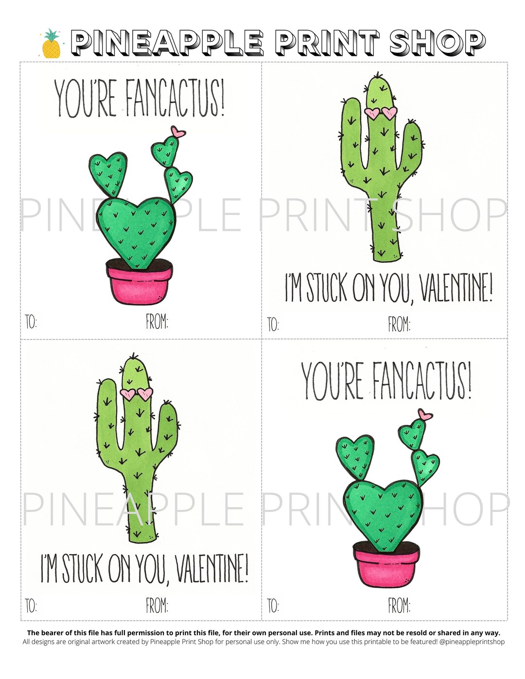 Punny Cactus Valentine Cards, Printable, Kids Vday Gift, Digital ...