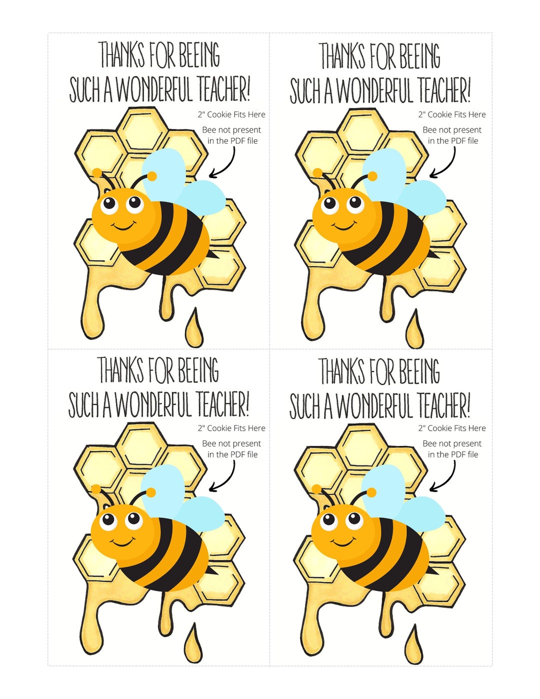 Teacher Appreciation Cookie Card: Bee Theme Printable (PDF) - Etsy