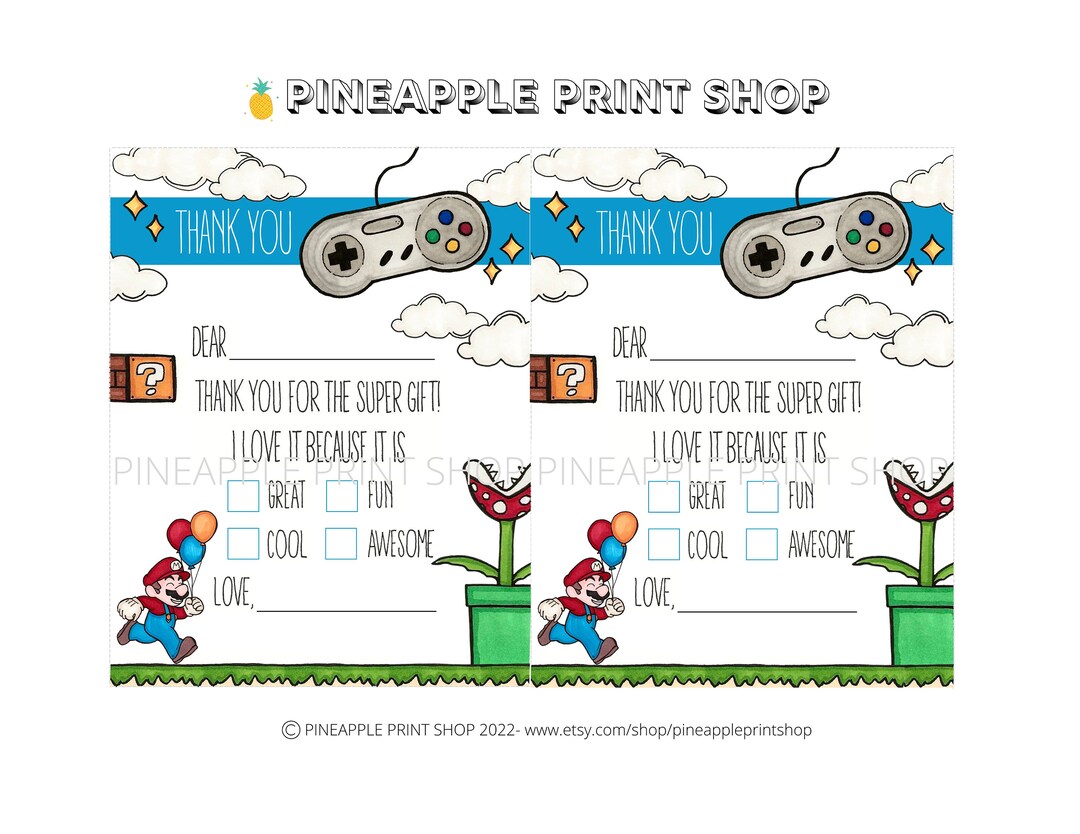 Printable Kid's Thank You Cards, Video Game, Super Mario, Punny Fill in ...
