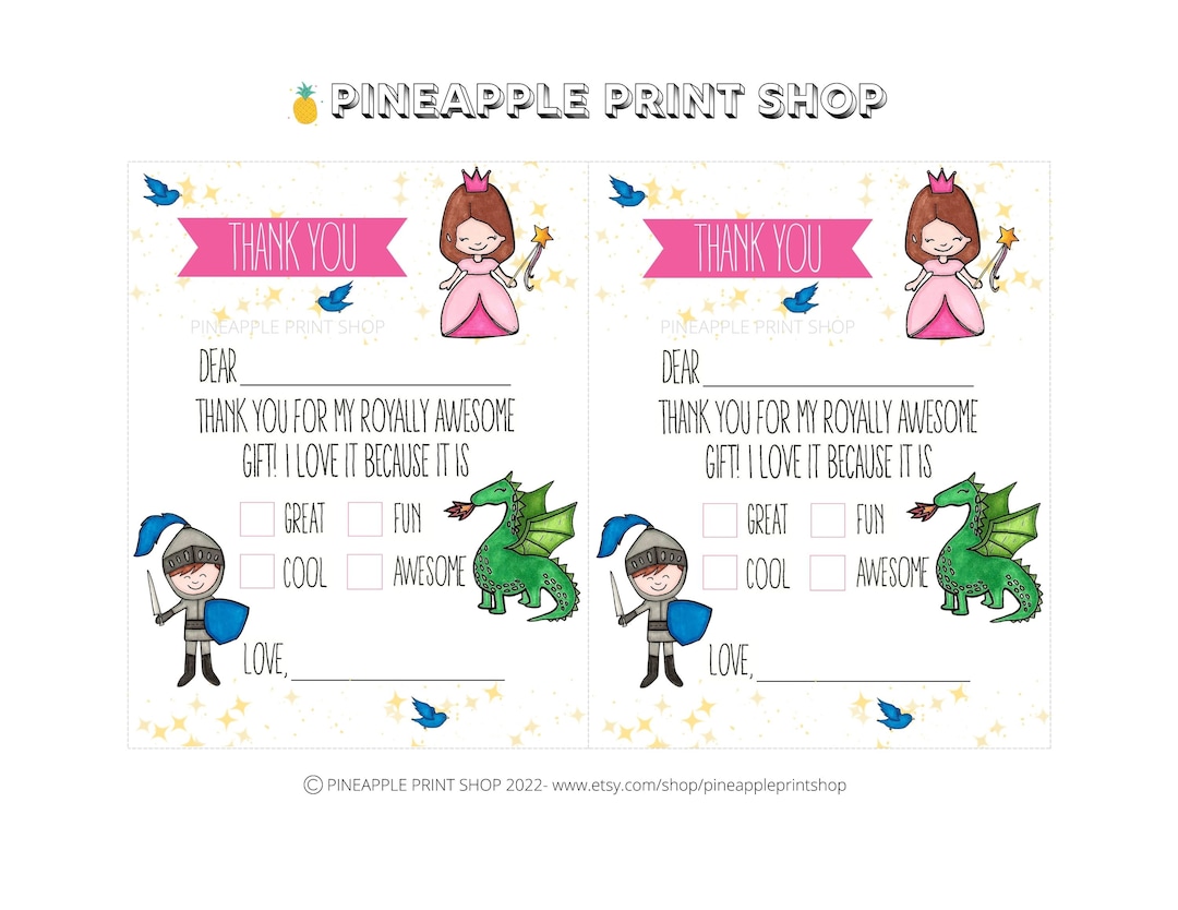 Princess Knight Dragon Thank You Card: Fill-in Printable (digital ...