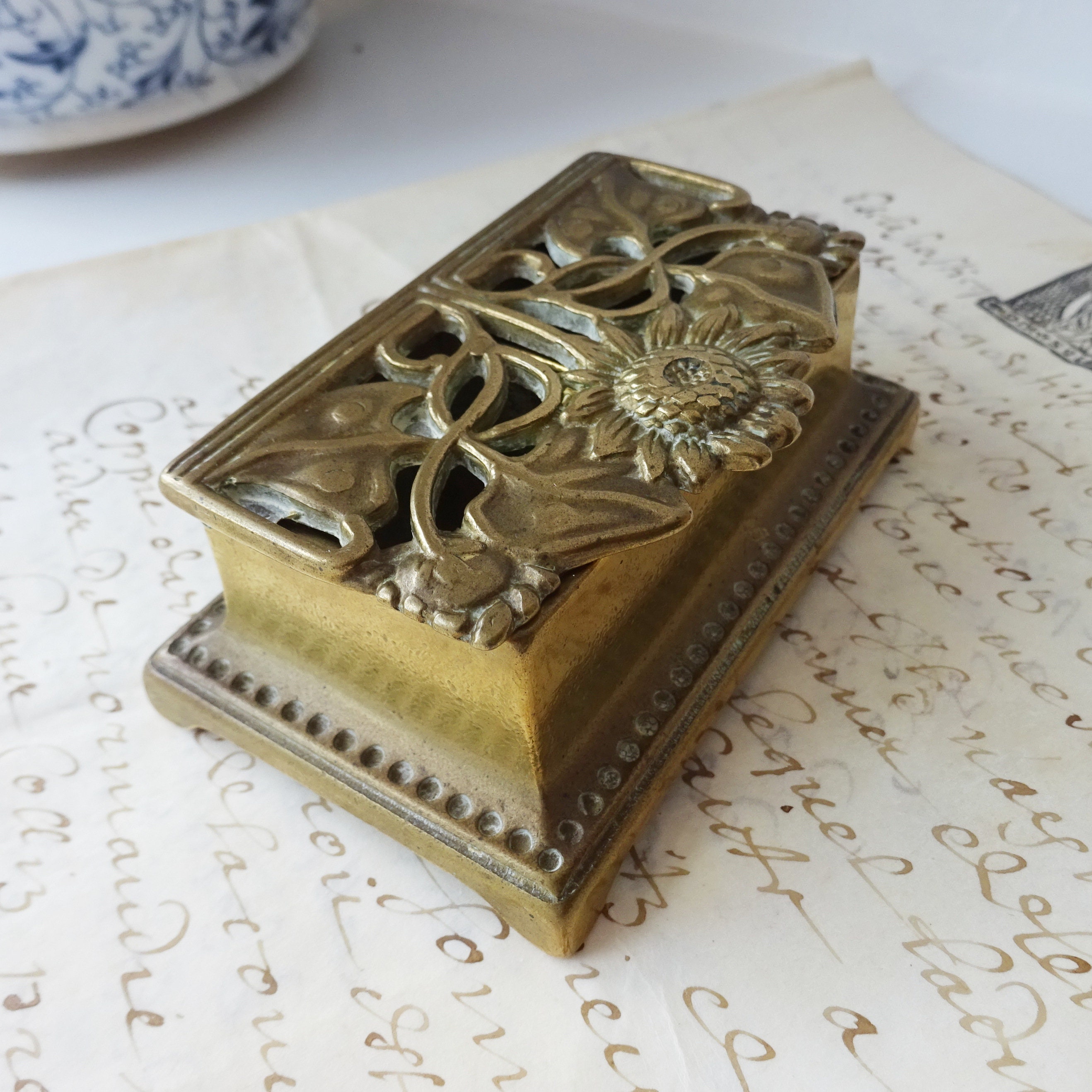 Vintage Brass Stamp Box, Art Nouveau Style Stamp Holder Dispenser ...