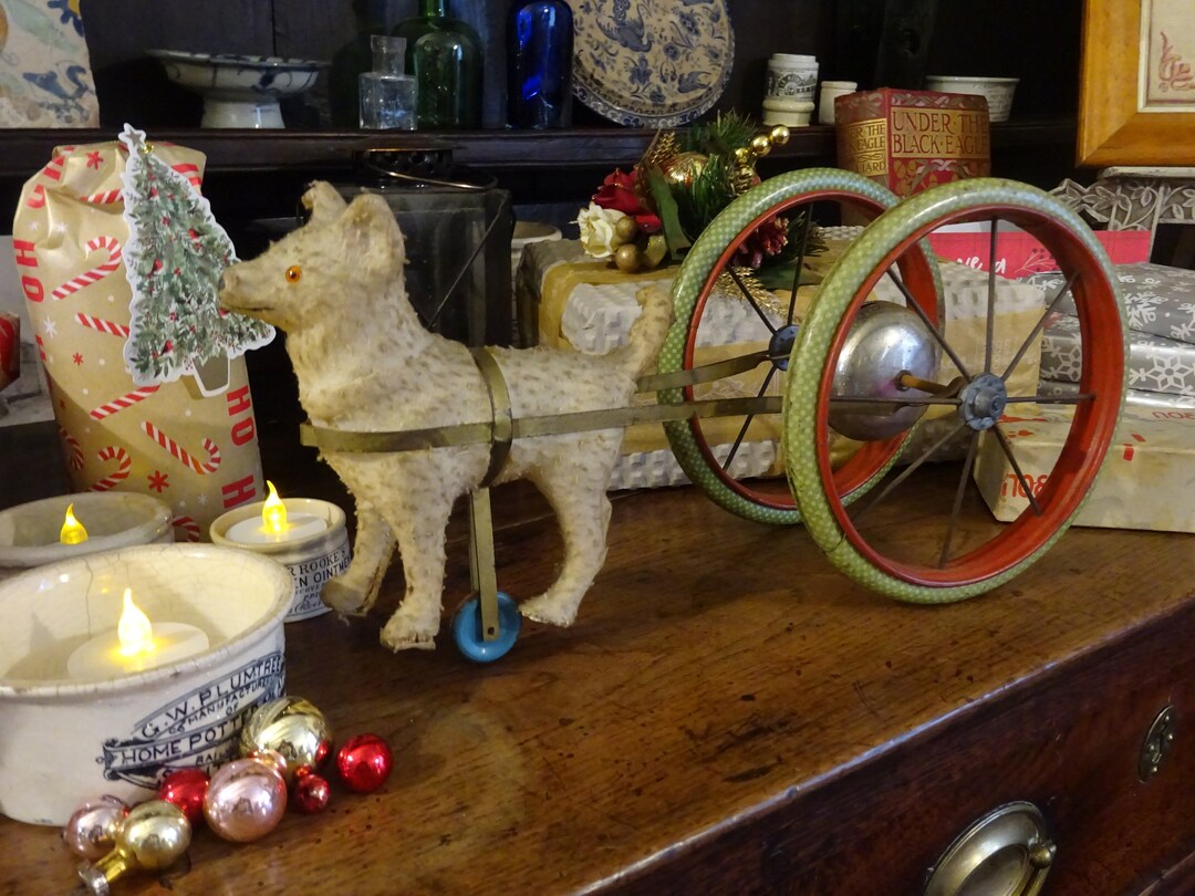 Antique German Toy Dog, Rare DRGM Tinplate and Fabric Pull Along Dog ...