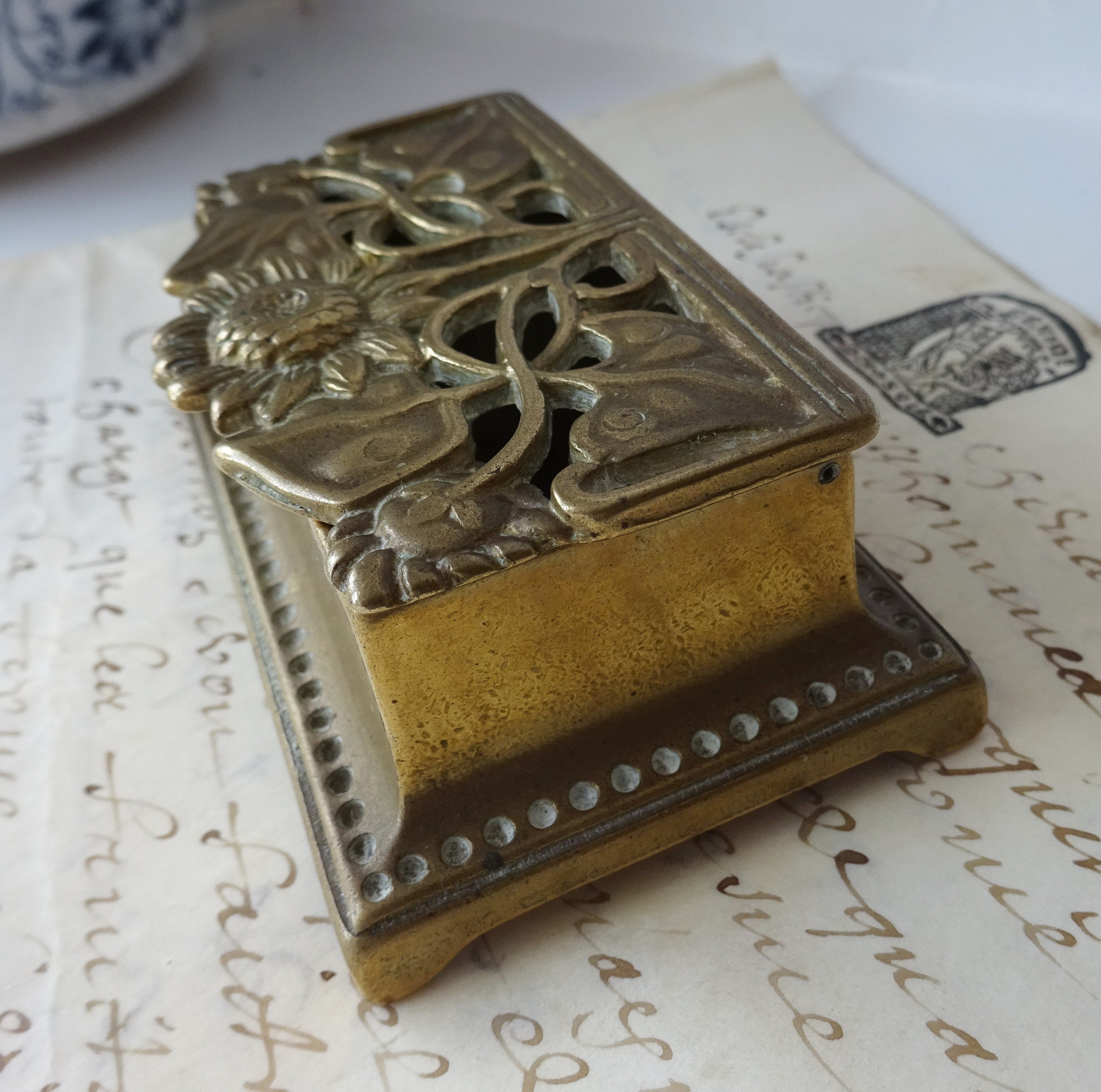 Vintage Brass Stamp Box, Art Nouveau Style Stamp Holder Dispenser ...