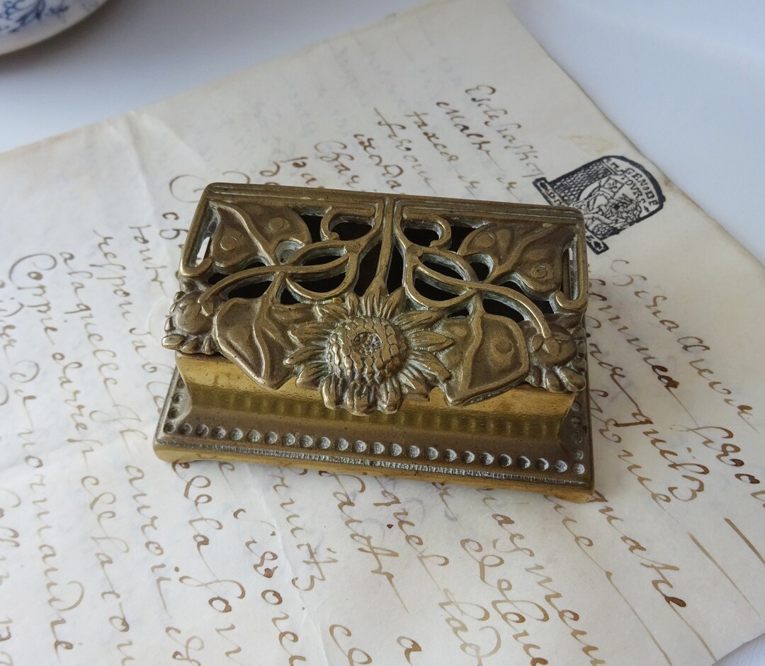 Vintage Brass Stamp Box, Art Nouveau Style Stamp Holder Dispenser ...