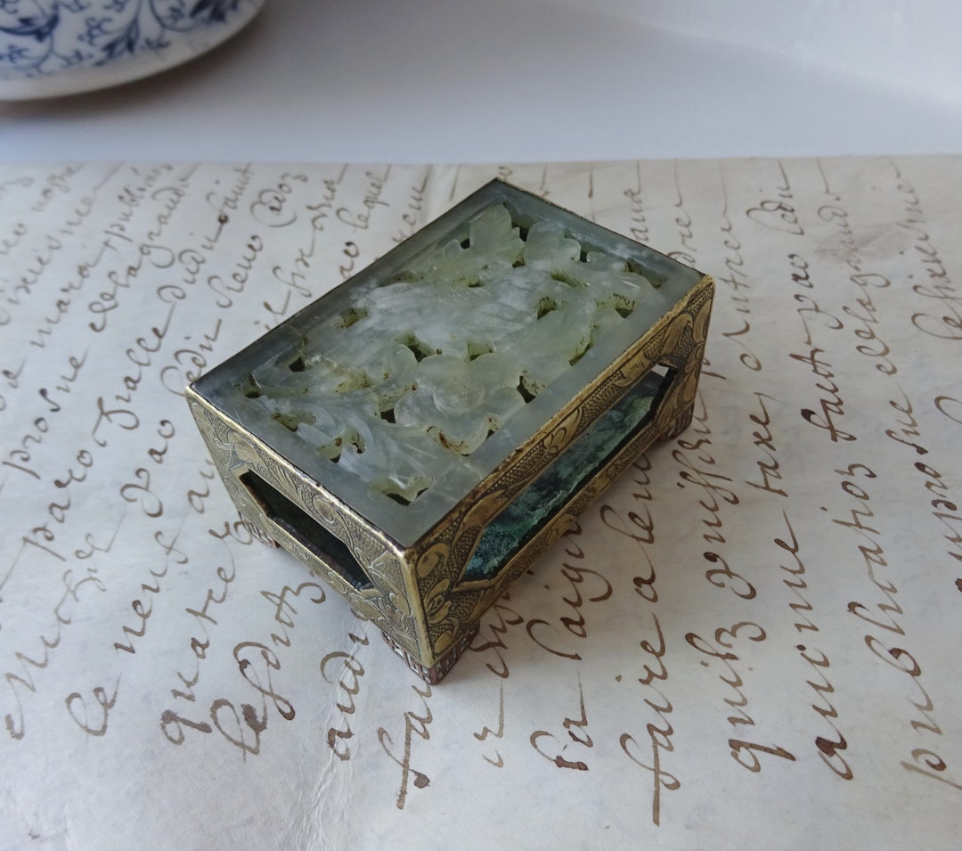 Antique Chinese Carved Jade Matchbox Holder, With Engraved Brass Body ...