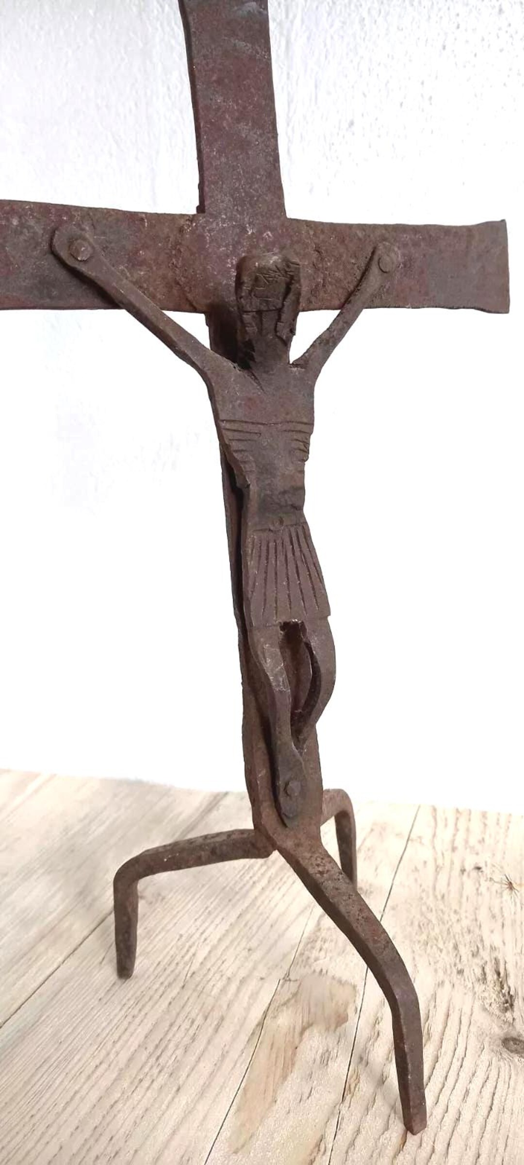 19th C French Iron Crucifix, Naive Free Standing Rusty Wrought Iron ...