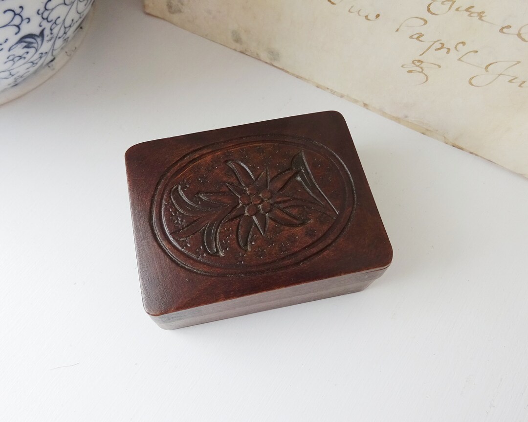 Vintage Black Forest Style Stamp Box With Carved Edelweiss Flower ...